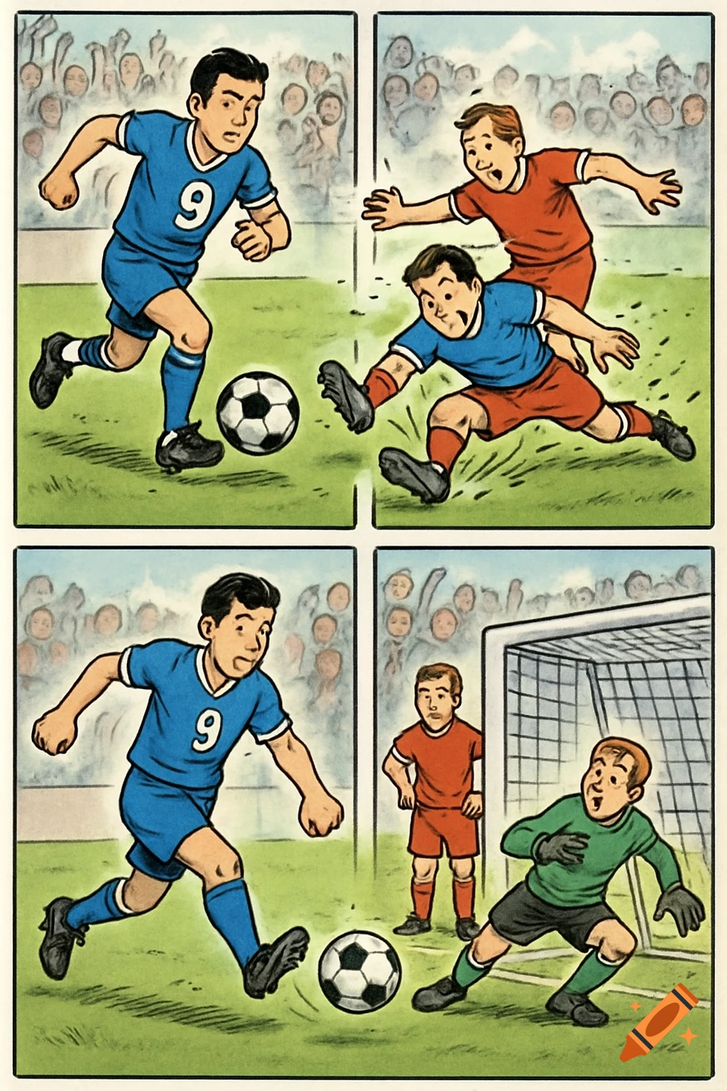 Four-panel comic strip of a football game with players and ball in ...