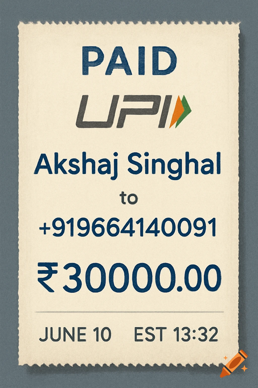 UPI payment receipt for Akshaj Singhal for ₹ 30000.00 on June 10 on Craiyon