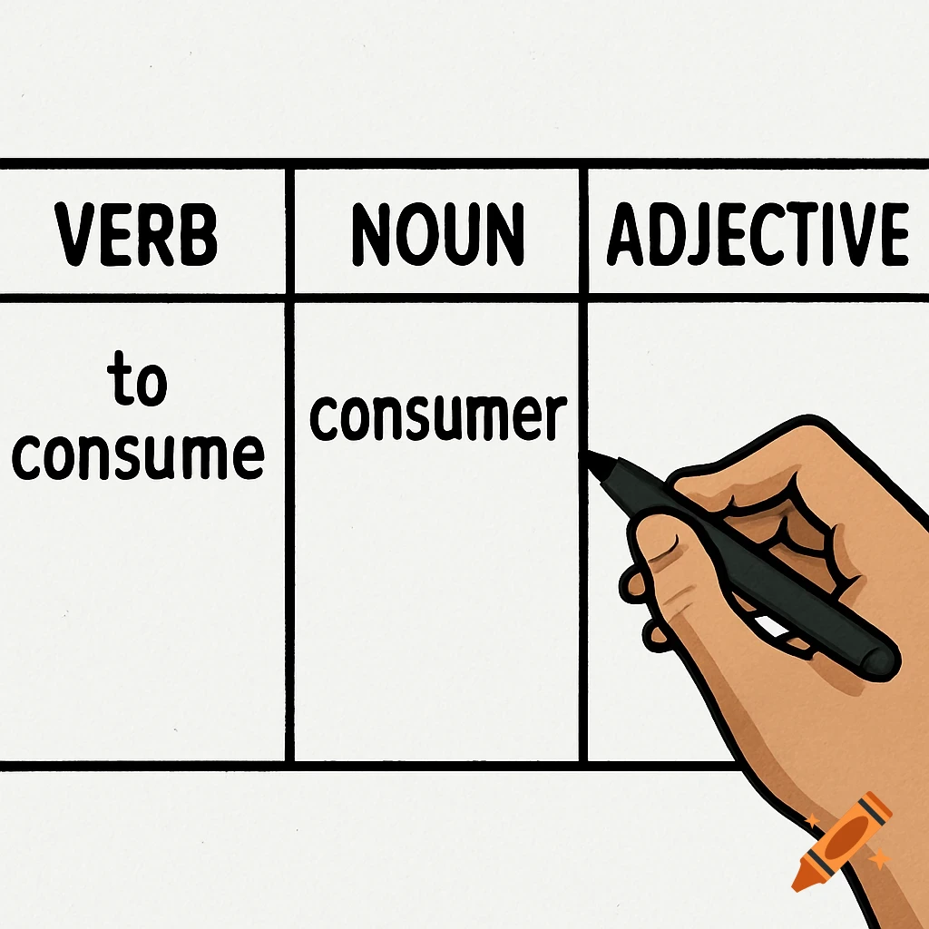 Illustration of a hand writing in a table with columns for Verb, Noun ...