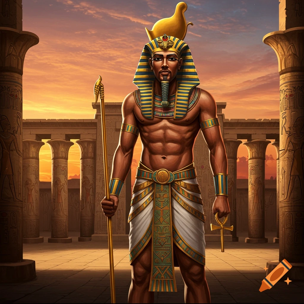 Illustrative portrait of an ancient Egyptian pharaoh standing in a ...