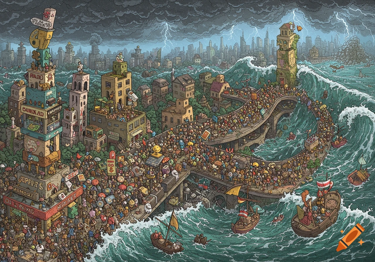 A crowded city being overwhelmed by large waves and a storm, with ...