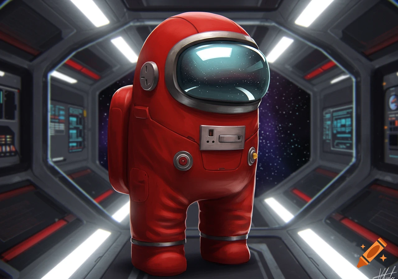 Realistic painting of a red Among Us crewmate standing in a spaceship ...