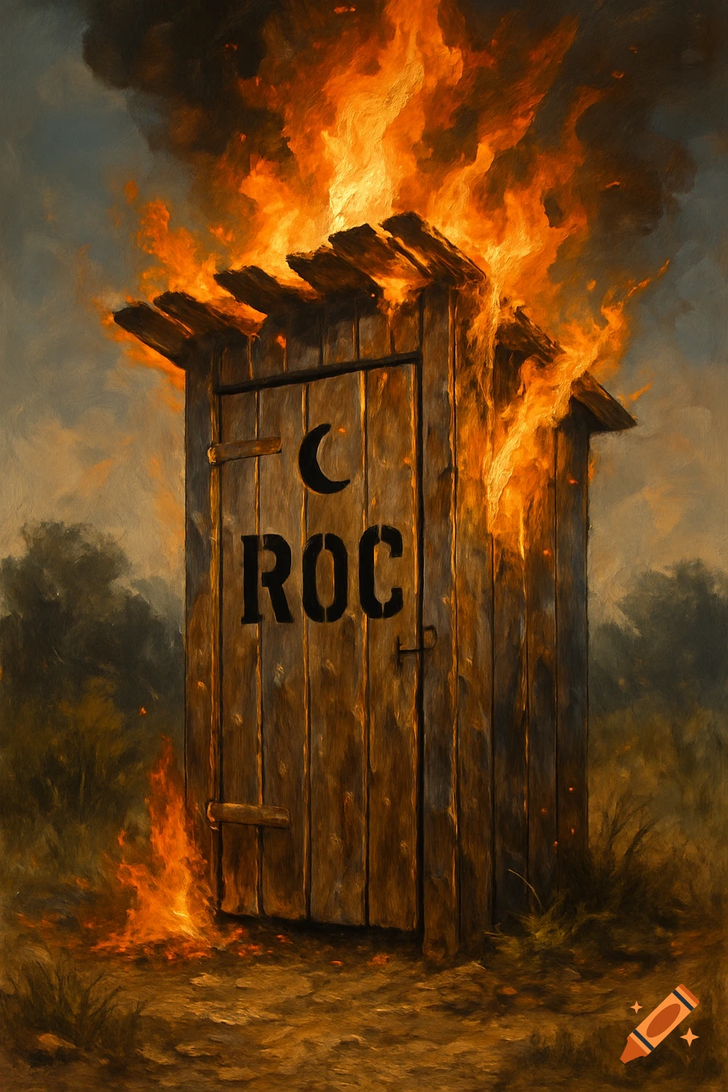 Painting of a wooden outhouse with ROC on the door, engulfed in flames ...