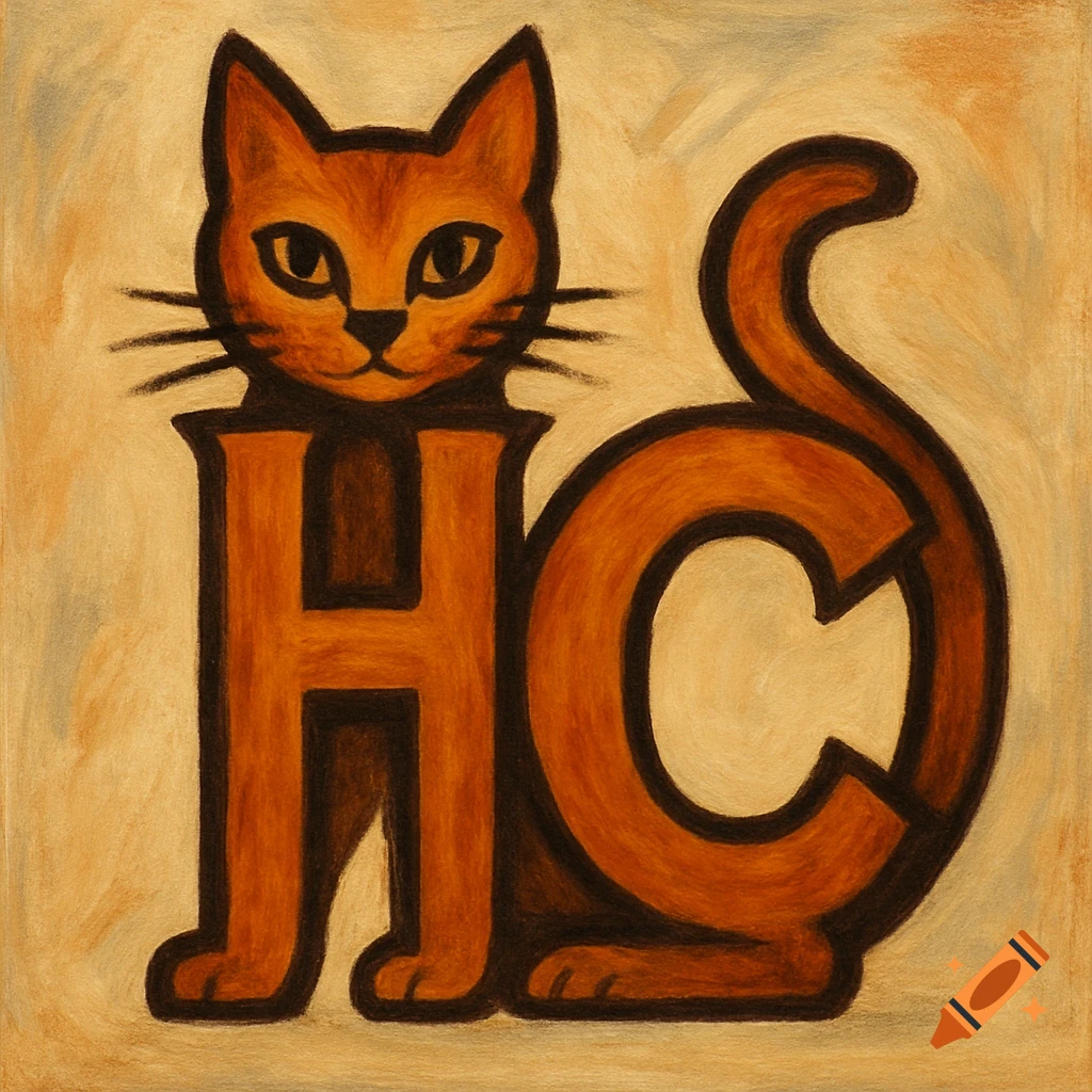 Stylized painting of a cat figure composed of the letters H and C. on ...