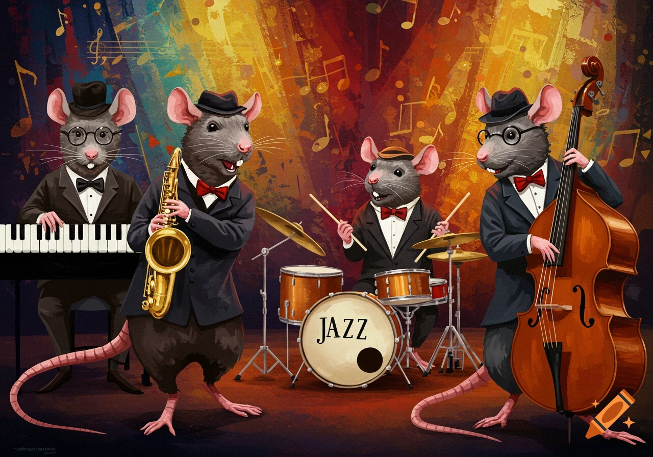 Anthropomorphic rats in suits play jazz music on a stage on Craiyon