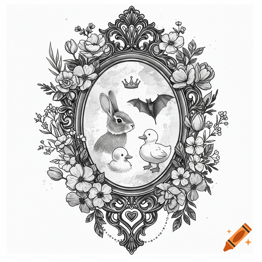 Black and grey drawing in a vintage floral frame featuring a bunny, two ...