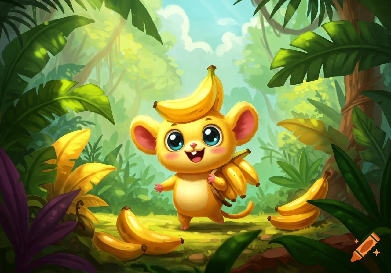 A cute cartoon mouse-like creature holding bananas in a jungle. on Craiyon
