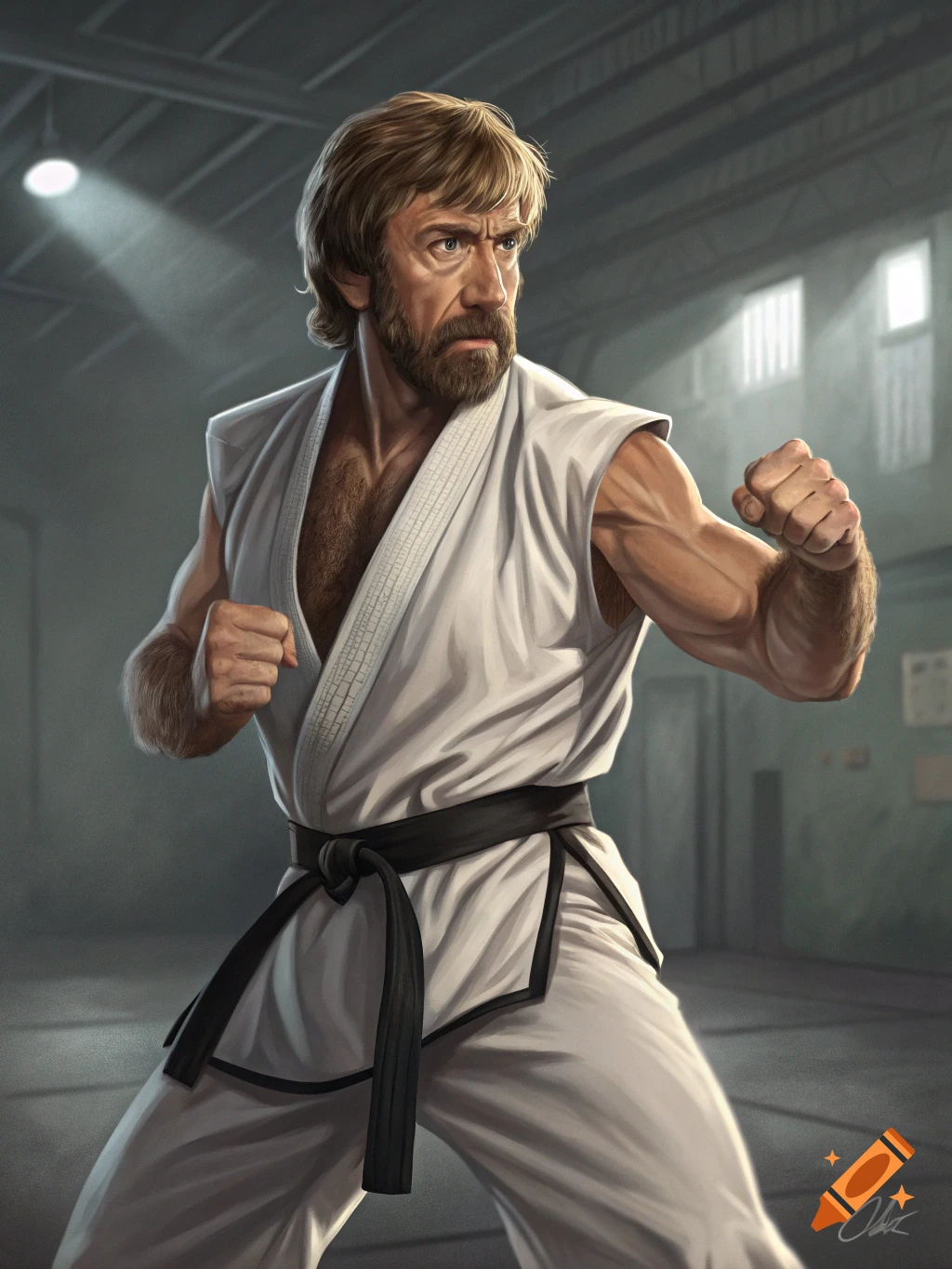 Illustration of a man resembling Chuck Norris in a white martial arts ...