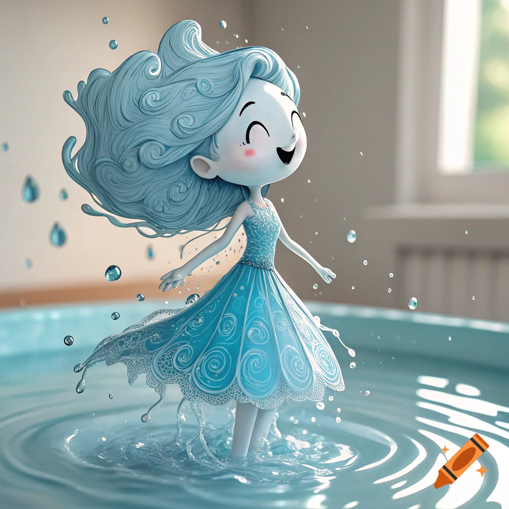 A cute cartoon character made of water with blue hair and a blue dress ...