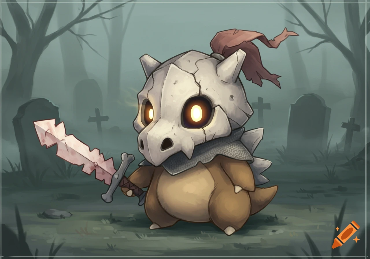 Stylized fantasy art of a Cubone-like creature with a knight helmet and ...