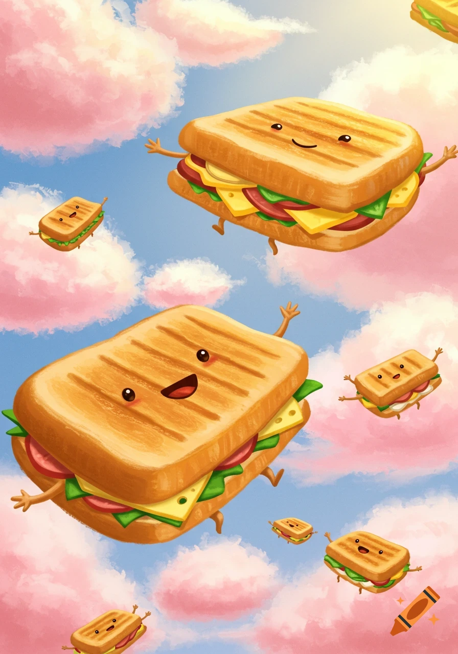 Cartoon panini sandwiches with faces and limbs fly through a cloudy ...