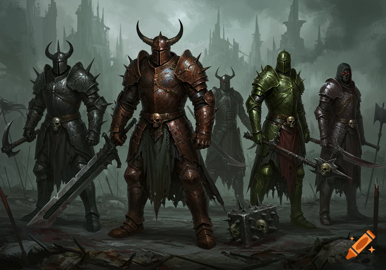 Five dark fantasy knights in scary armor standing in a ruined landscape ...