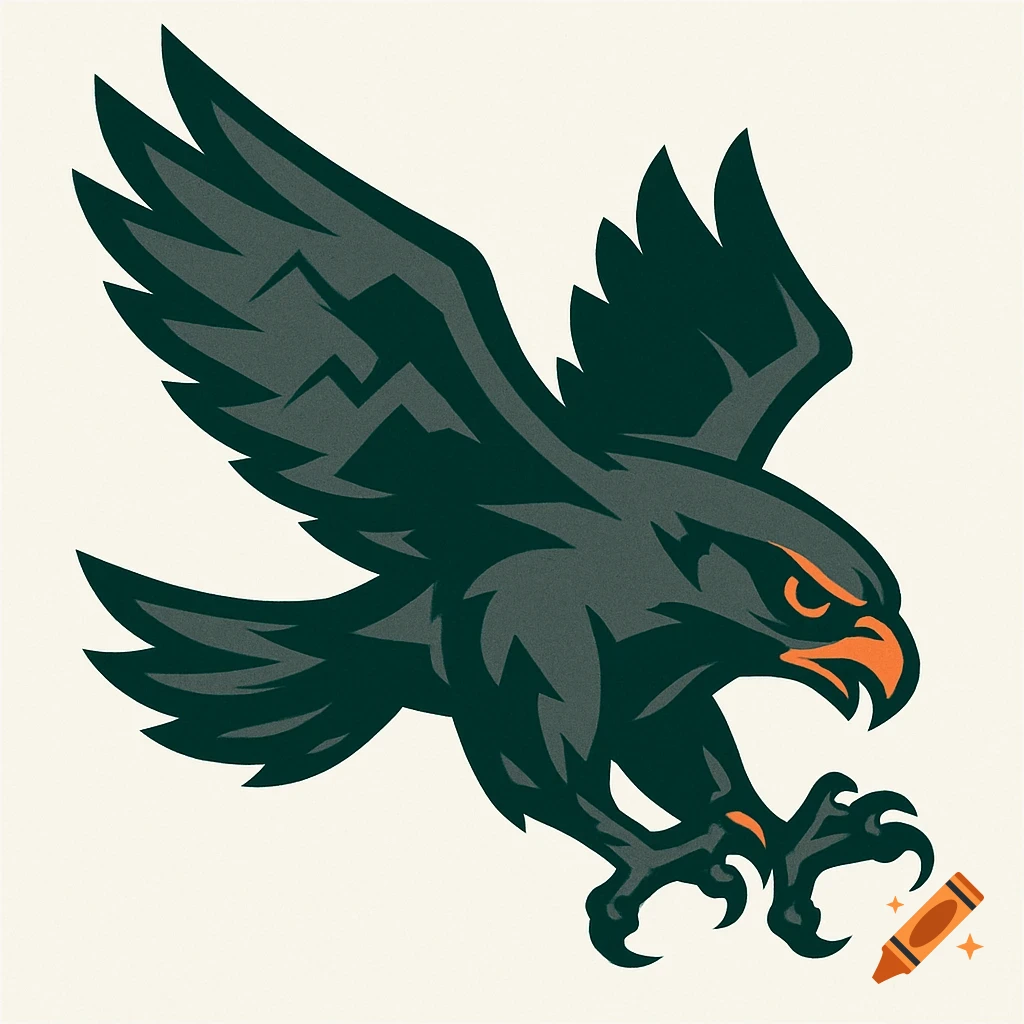 A dynamic logo of a hawk in flight with spread wings and extended ...