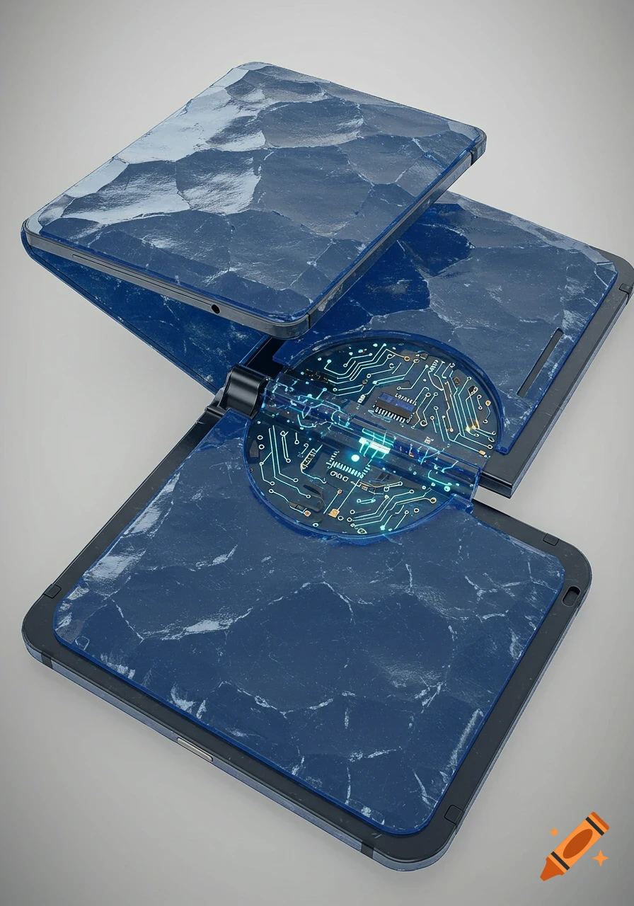 Bifold tablet device with blue marble texture and glowing circuit board ...