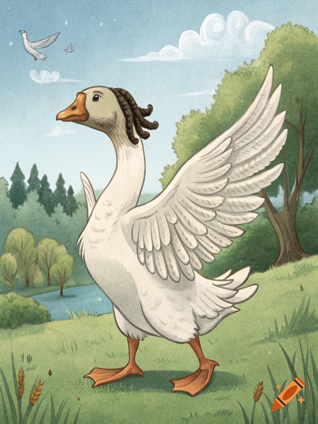 Illustrated goose with braided hair walking in a landscape. on Craiyon