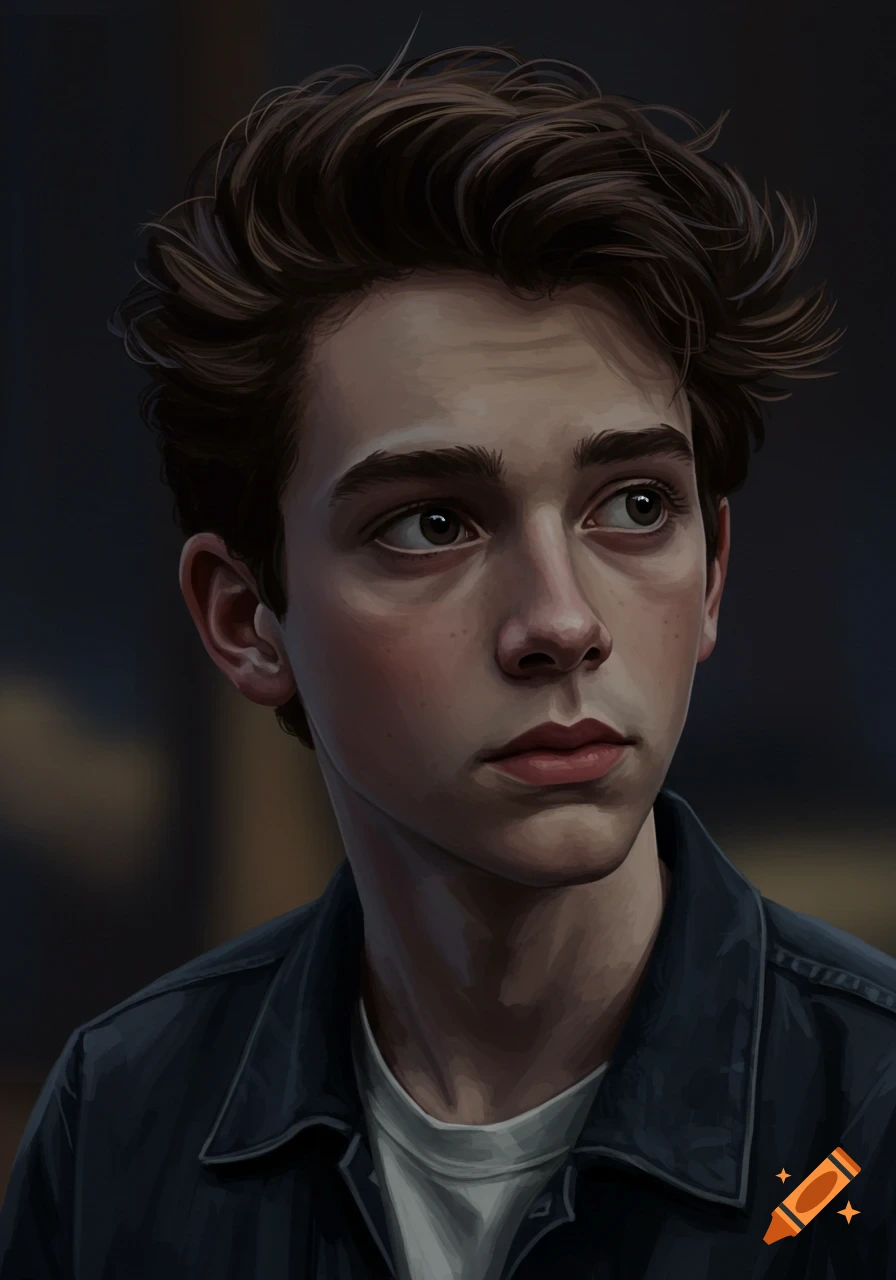 Close-up illustrated portrait of a young person with brown hair looking ...