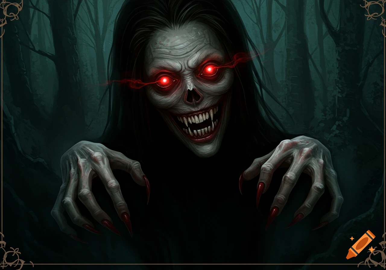 A monstrous creature with red eyes, sharp teeth, and clawed hands ...