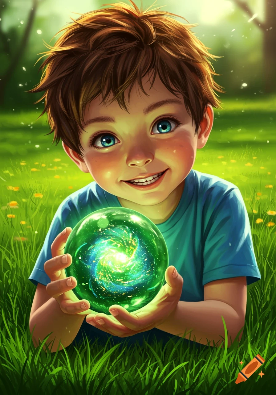 A young boy with bright blue eyes holds a glowing green orb in a grassy ...