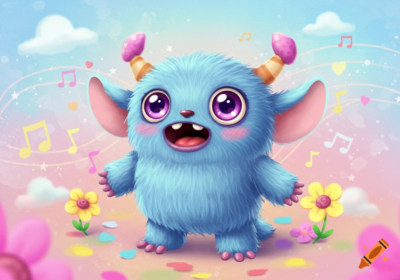 A cute blue furry monster with big purple eyes stands among musical ...