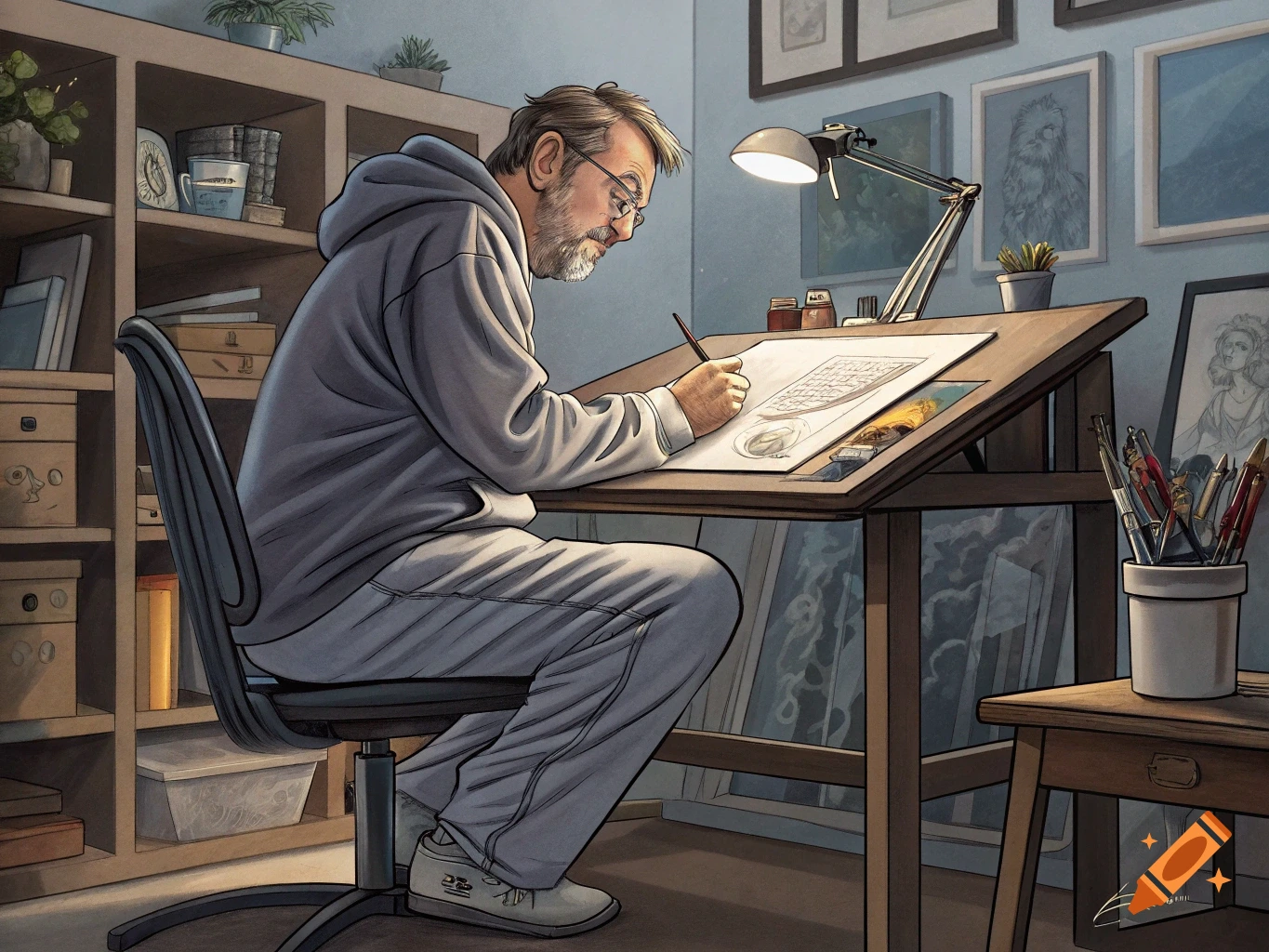 Illustration of a man drawing at a desk in a cluttered studio. on Craiyon