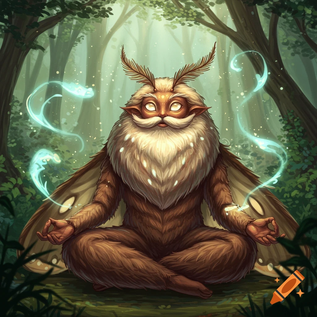 Fuzzy moth creature with beard meditating in a forest surrounded by ...