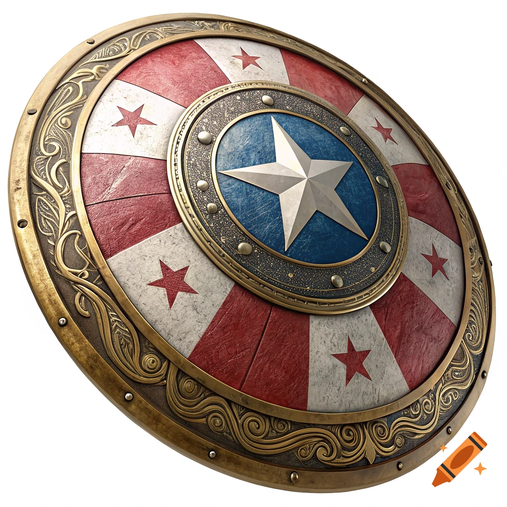 A detailed shield with red and white stripes, blue center star, and ...