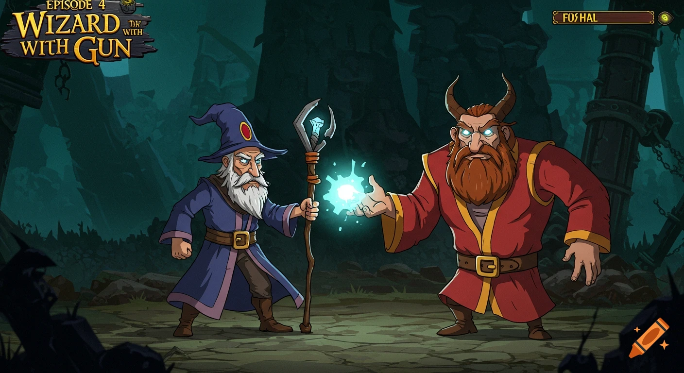 Cartoon fantasy scene with wizard and horned character in front of game ...