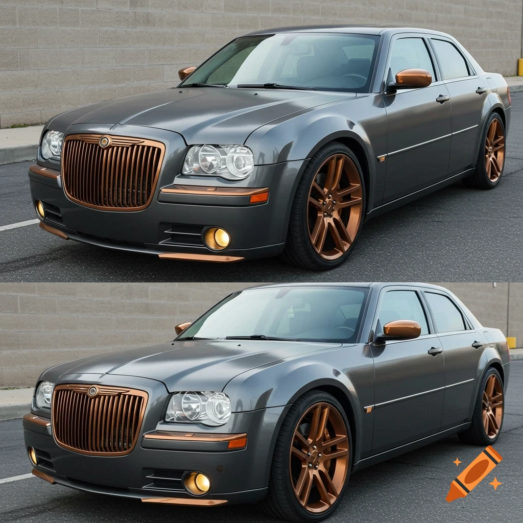 Grey Chrysler 300 car with bronze grill, mirrors, and rims on Craiyon