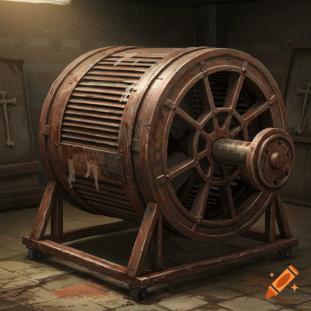 A rusty, industrial bone grinder sits on wheels in a dark, grimy ...