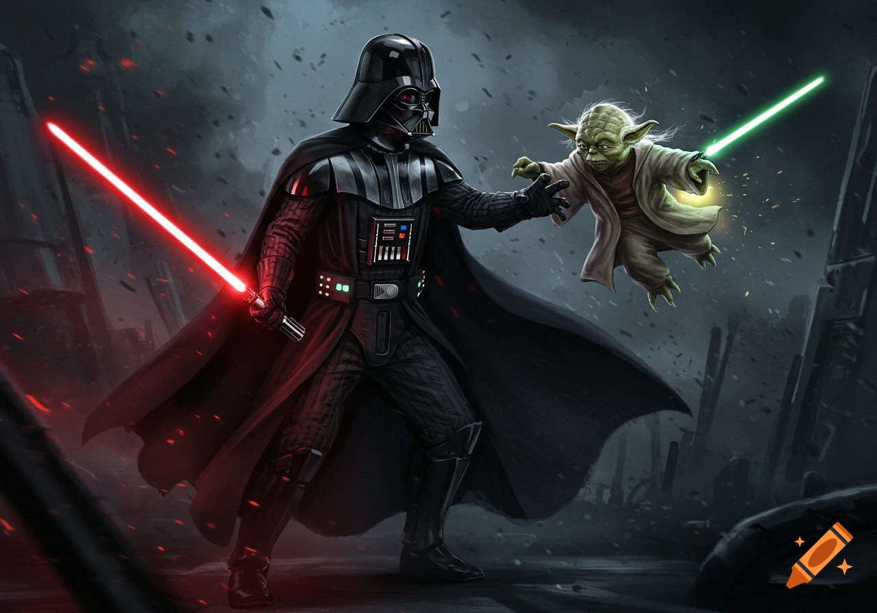 Darth Vader fights Yoda with lightsabers in a dramatic fantasy illustration. on Craiyon