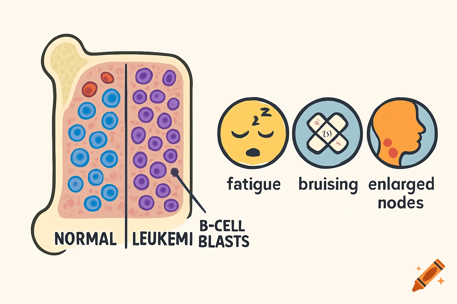 Illustration of normal vs. leukemic bone marrow, with icons for fatigue, bruising, and enlarged ...
