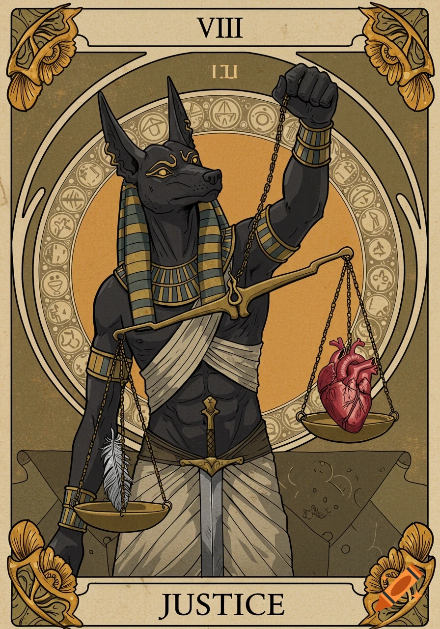 Anubis on a tarot card holding scales with a heart and a feather in art ...