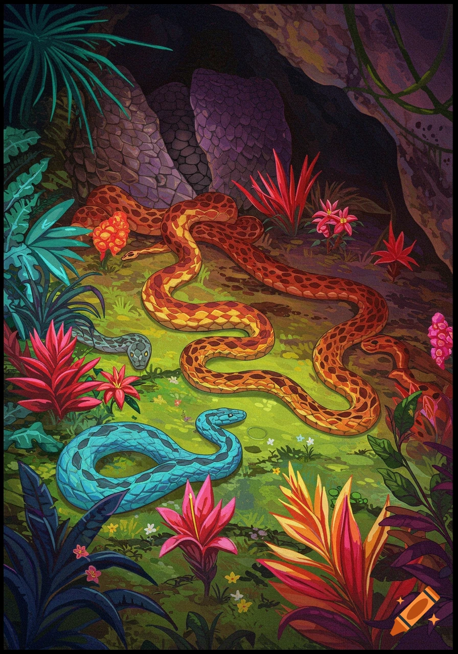 Three colorful snakes in a lush jungle and cave scene, illustration ...