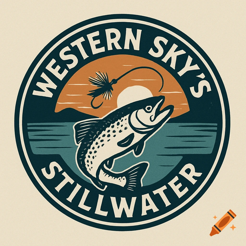 Circular fishing logo with a jumping fish, lure, sunset, and text ...