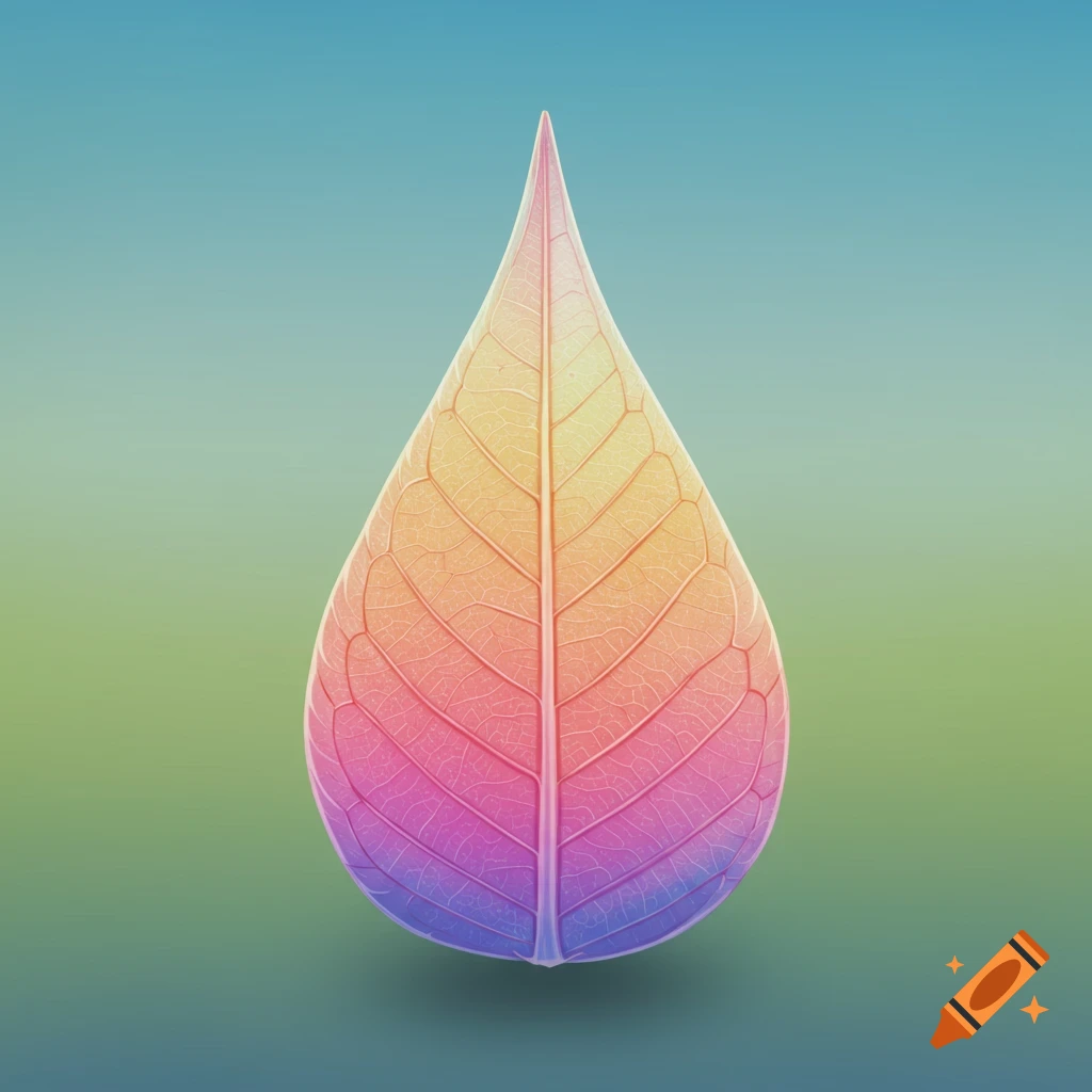 A stylized, tear-shaped leaf with a colorful gradient stands against a ...
