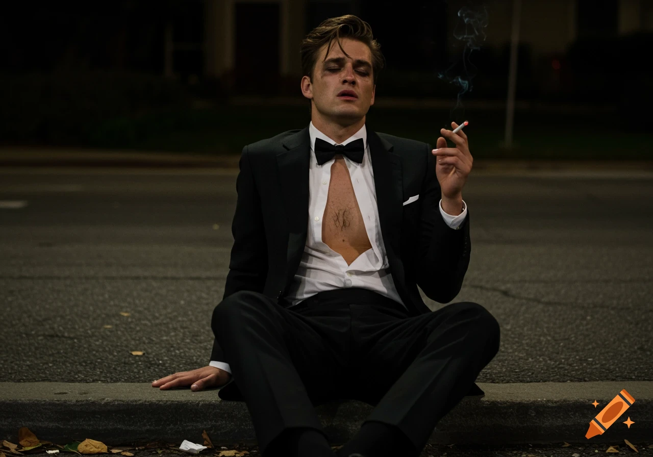 A man in a rumpled black suit and open shirt sits on a curb at night ...