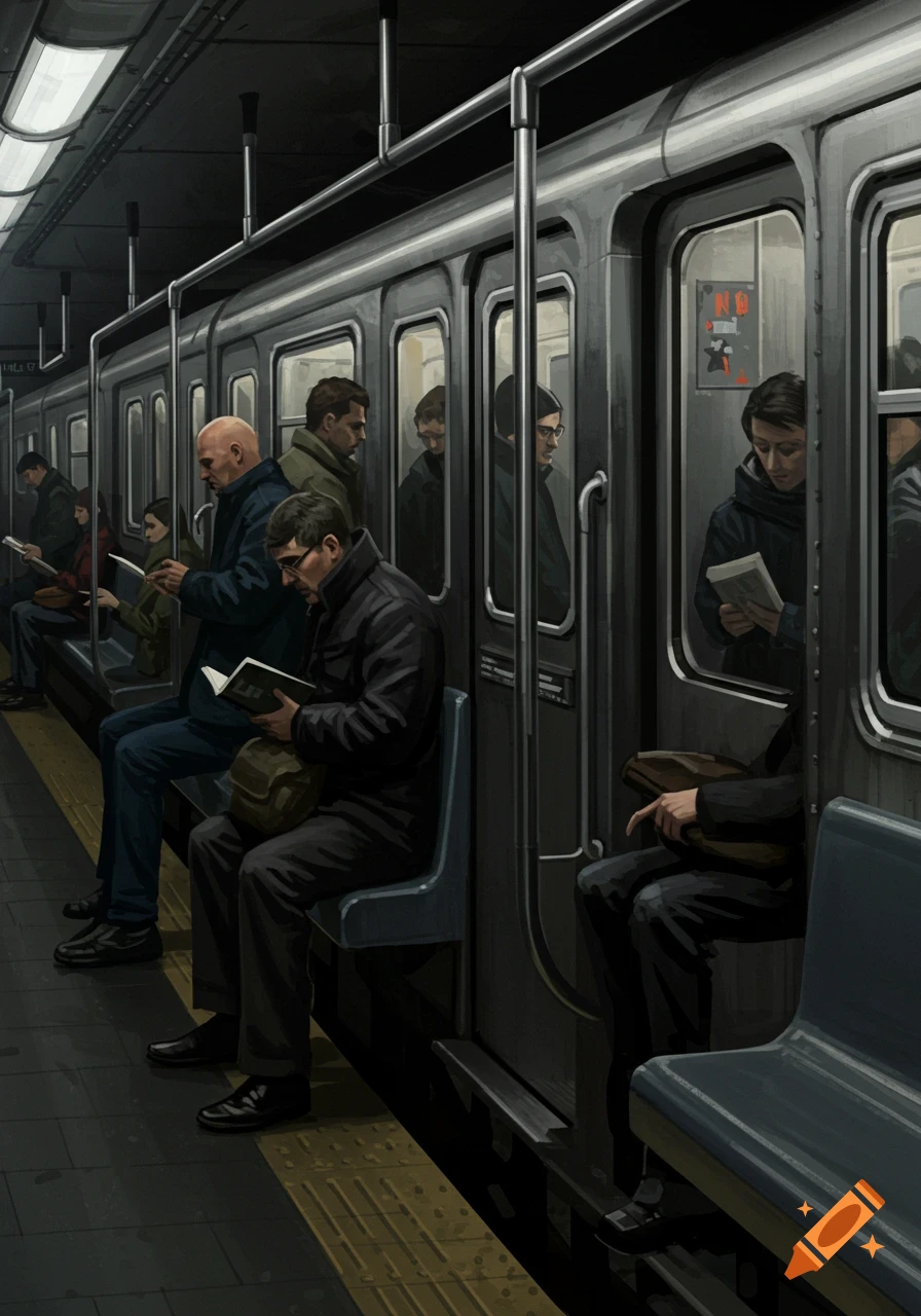 Passengers sit reading on a dark, stylized subway train platform. on ...