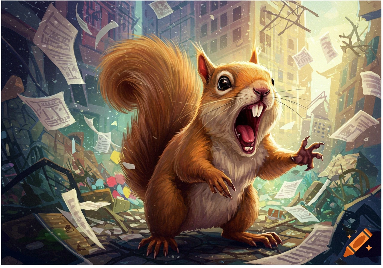 Cartoon illustration of a screaming squirrel surrounded by flying papers in a ruined city. on ...