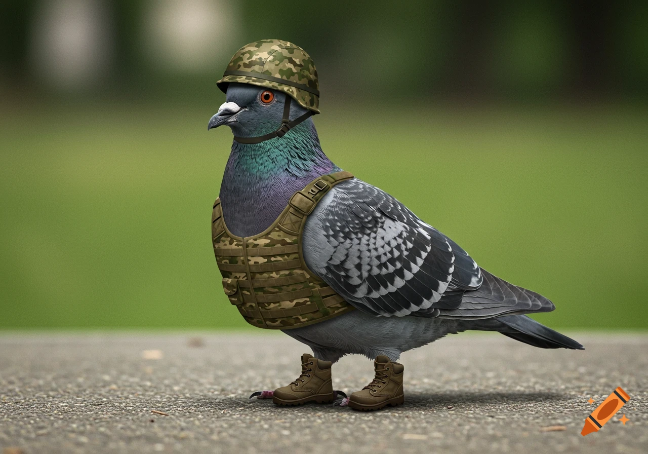 A pigeon wearing a camouflage helmet, tactical vest, and boots stands ...
