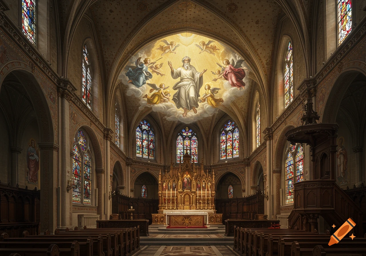 Interior of a grand church with stained glass windows, altar, and a ...