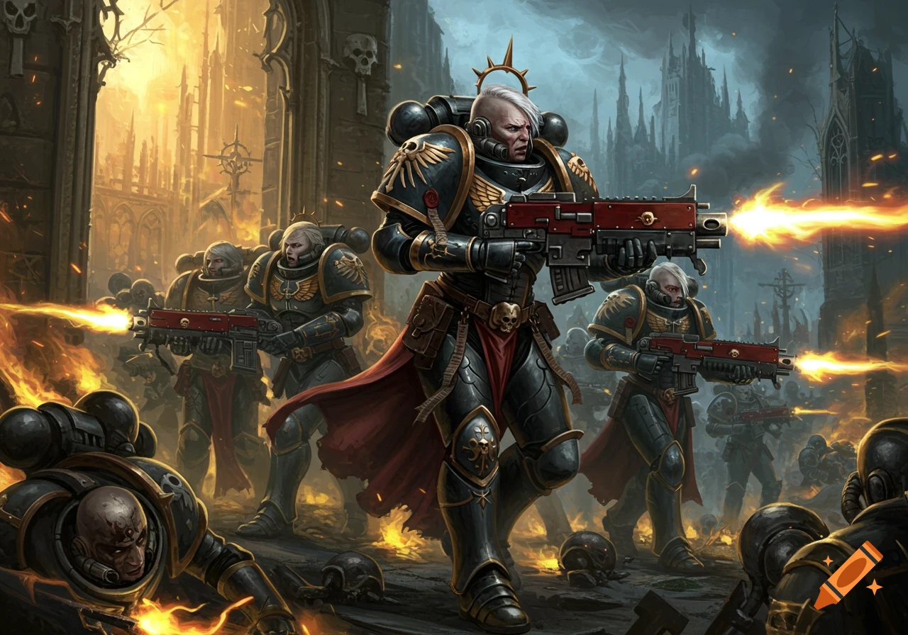 Warhammer 40k soldiers in power armor firing weapons in battle on Craiyon