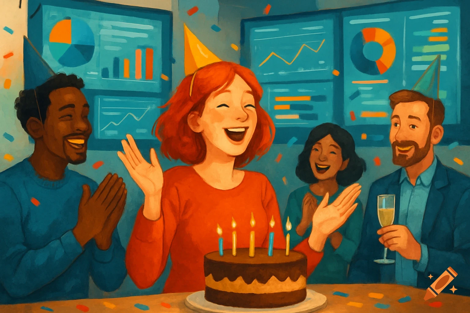 People celebrate a birthday with cake and champagne in an office with ...