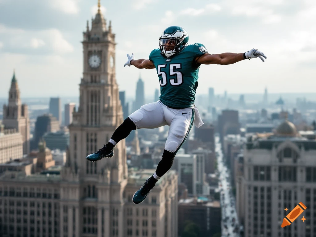 Football player in Eagles uniform jumping over Philadelphia skyline on ...