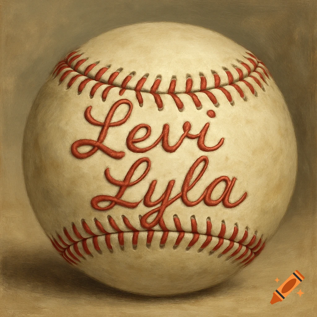 Close-up of a baseball with Levi and Lyla stitched in red cursive. on ...
