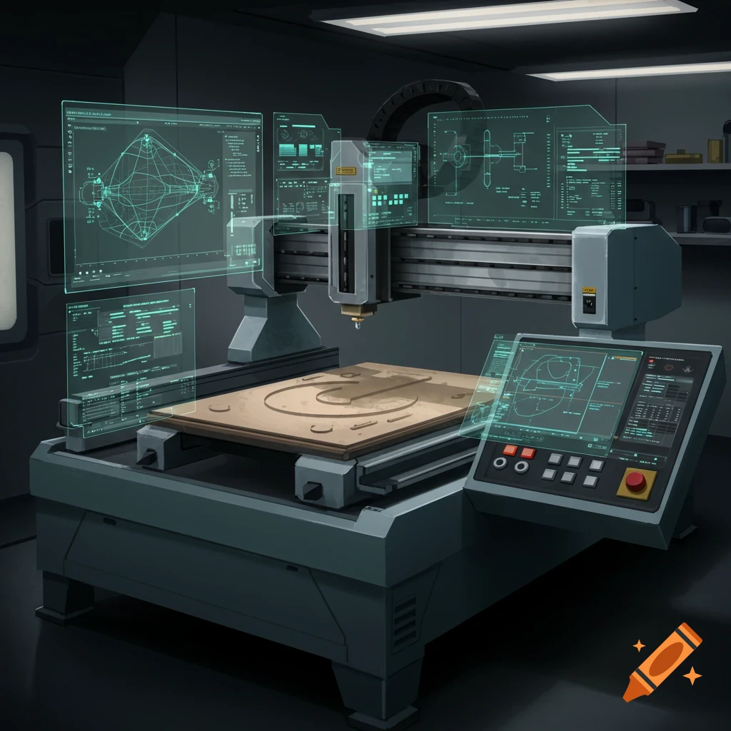 A futuristic LCARS-style CNC machine with holographic displays in a lab ...
