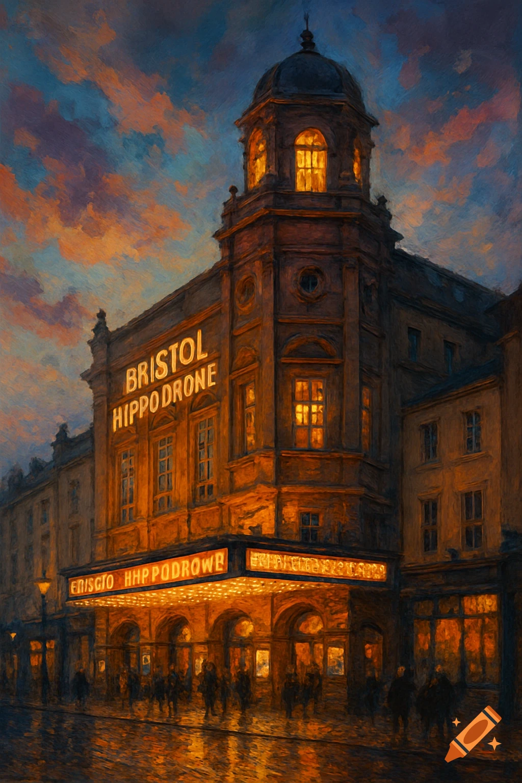 Impressionistic painting of the Bristol Hippodrome theater at night ...