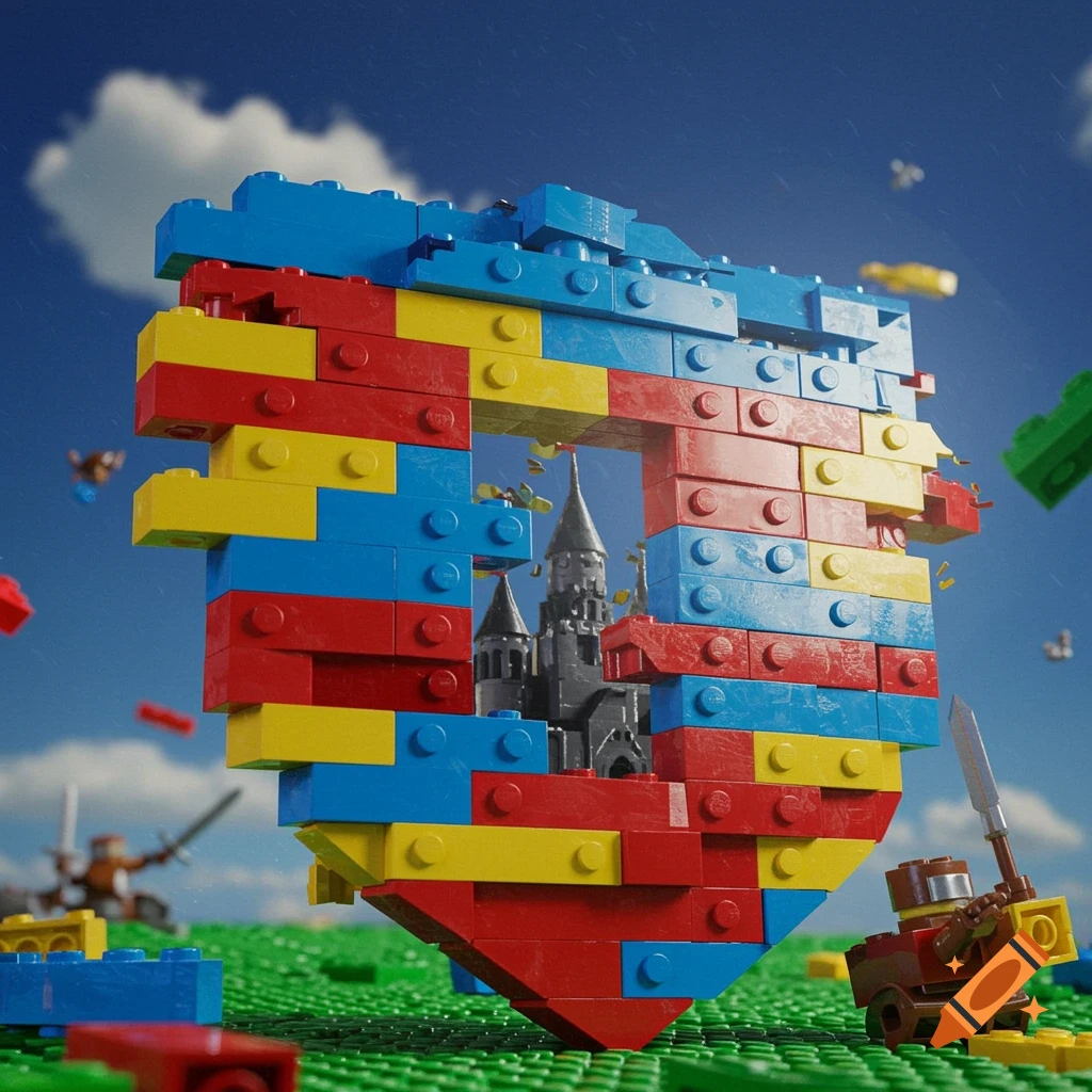 A large shield shape made of colorful LEGO bricks has a miniature castle visible through its ...