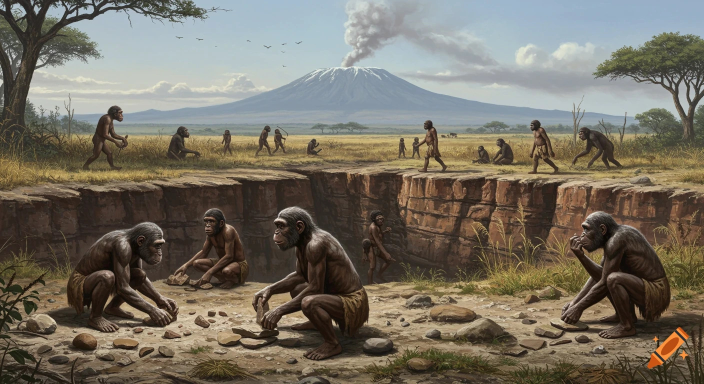 Early hominids making tools and interacting in the Olduvai Gorge ...
