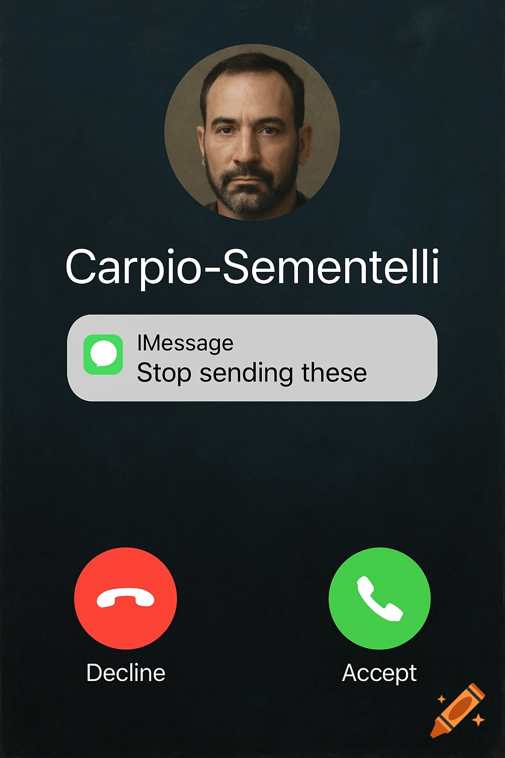 Phone screen showing incoming call from Carpio-Sementelli with an ...