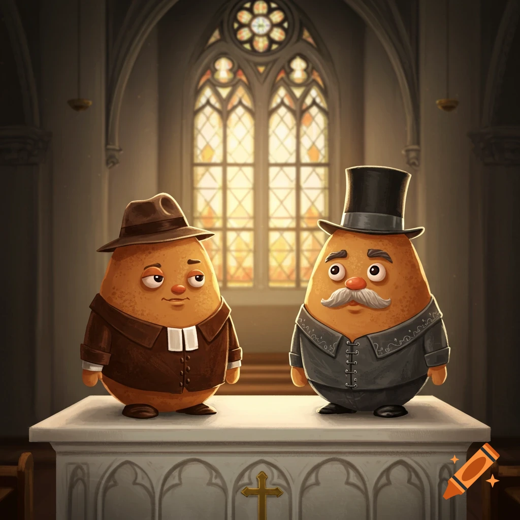 Two cartoon potatoes in suits and hats stand in a church. on Craiyon